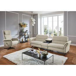3-Sitzer Home Affaire "Bellaria, inklusive 2x Relaxfunktion motorisch mit Herz-Waage-Beschlag", beige (sand), B:239cm H:84cm T:92cm, 76% Polyacryl, 24% Polyester, Sofas, 3-Sitzer, Zwischenelement mit Tisch, Steckdose & USB-Ladestation