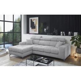 Ecksofa ED EXCITING DESIGN "Sydney L-Form", grau (hellgrau), B:268cm H:86cm T:172cm, 92% Polyester, 8% Nylon, Sofas, Ecksofa, mit Bettfunktion, Bettkasten, Kopfteilverstellung & 2 Zierkissen