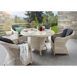 Garten-Essgruppe Destiny "MALAGA LUNA", wei&szlig; (vintage wei&szlig;), Polyester, Aluminium, Polyester, Polyrattan, Sitzm&ouml;bel-Sets, Garten-Essgruppe, (Set, 13-tlg., 4x Sessel, 1 Tisch &Oslash; 100x75 cm) Aluminium, Polyrattan