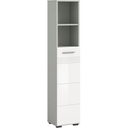 Hochschrank Welltime "Calcio, H&ouml;he 150 cm, 1 T&uuml;r, 2 offene F&auml;cher, 3 Einlegeb&ouml;den", grau (hellgrau, wei&szlig; hochglanz), B:30cm H:150cm T:30cm, FSC-zertifizierter Holzwerkstoff, Schr&auml;nke, Hochschrank, T&uuml;ranschlag wechselbar, MDF Front, Badschrank, Bad-M&ouml;bel, Badezimmer