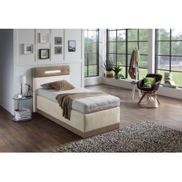Boxspringbett, beige (dunkelbeige, beige), Kaltschaum-Topper, Liegefl&auml;che B/L: 100cm x 200cm, H3, 5-Zonen-Tonnentaschen-Federkernmatratze, Bezug Obermatratze 100% Polyester, waschbar bis 60C;Bezug Unterbox und Kopfteil: Mikrofaservelours (100% Polyester), Westfalia Schlafkomfort, Komplettbetten, Boxspringbett, mit LED-Beleuchtung