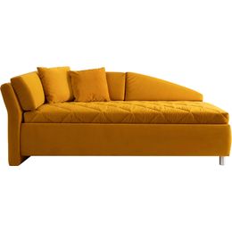 Schlafsofa Alina, gelb (ocker tsv 5), B:223cm H:80cm T:102cm, Samtstoff TSV (100% Polyester), Sofas, Schlafsofa, Bettkasten, Zierkissen-Set aus: 2 Stk. 40x40cm, 1 Stk. 30x30cm