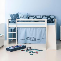 Hochbett Hoppekids "&laquo;Cars&raquo;", wei&szlig; (wei&szlig;, dream blau, wei&szlig;, wei&szlig;), B:101cm H:9cm L:208cm, Bett: 100% Massivholz, Nordische Kiefer;Rutsche: MDF;Vorhang: 100% Baumwolle;Matratze: PU-Schaum;Matratzenbezug: 100% Baumwolle, Hochbetten, Hochbett, Rutsche & Vorhang Blau und viel Auswahl