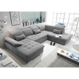 Wohnlandschaft ED EXCITING DESIGN "Wayne U-Form mit Bettfunktion, Bettkasten", grau (dunkelgrau, uran 03 dunkelgrau), B:340cm H:104cm T:240cm, 95% Polyester, 5% Nylon, Sofas, Wohnlandschaft, Arm- und Kopfteilverstellung & 3 Nierenkissen