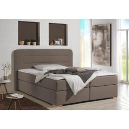 Boxspringbett Home Affaire "Manchester", beige (dunkelbeige), B:220cm L:208cm, Strukturstoff-Bezug (100% Polyester), Komplettbetten, Boxspringbett, 5 Breiten, 3 Ausf&uuml;hrungen, 2 H&auml;rtegraden, Topper, Steppung