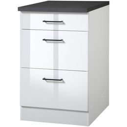 Unterschrank KOCHSTATION "KS-Trier", wei&szlig; (wei&szlig; hochglanz, wei&szlig;), B:50cm H:85cm T:60cm, Holzwerkstoff, MDF, Schr&auml;nke, Unterschrank, Breite 50 cm, mit 2 Ausz&uuml;gen und 1 Schublade