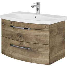 Waschtisch SAPHIR "Serie 4010 Keramik-Waschtisch mit Unterschrank, 84 cm breit", braun (eiche ribbeck quer nachbildung, eiche ribbeck quer nachbildung), B:84cm H:53,7cm T:45cm, Waschtische, Waschtisch, Waschplatz mit 2 Schubladen, Badm&ouml;bel-Set mit Waschtisch