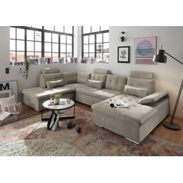 Wohnlandschaft ED EXCITING DESIGN "Jakarta U-Form mit Bettfunktion, Bettkasten", beige, B:324cm H:107cm T:218cm, 92% Polyester, 8% Nylon, Sofas, Wohnlandschaft, Armteilverstellung, Kopfst&uuml;tzen & 3 Nierenkissen