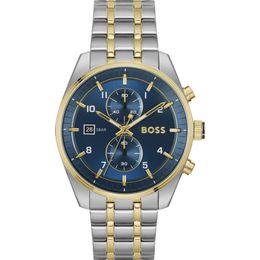 Chronograph BOSS "SKYTRAVELLER", silber (silberfarben, goldfarben, blau), Armbanduhren, Herren, Chronograph, Quarzuhr, Armbanduhr, Herrenuhr, Edelstahlarmband, analog, Tag