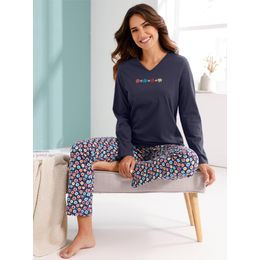 Schlafanzug, Damen, Gr. 40/42, marine, bedruckt, 100% Baumwolle, Homewear-Sets Schlafanzug