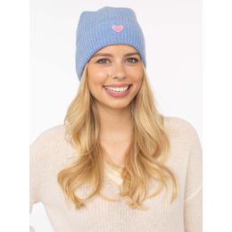 Beanie Zwillingsherz "Beanie with Heart-Patch", Damen, blau (hellblau), Rippstrick, Wolle, unifarben, M&uuml;tzen Beanie, Rippstrick, mit breitem Umschlag, w&auml;rmend