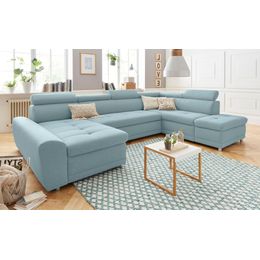 Sit & More Wohnlandschaft SIT & MORE "Riva U-Form", blau (aqua), B:337cm H:92cm T:95cm, Struktur (100% Polyester);Flachgewebe (100% Polyester);Luxus-Microfaser (100% Polyester), Sofas, Wohnlandschaft, wahlweise mit Bettfunktion