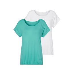 Kurzarmshirt Vivance "mit Gummizug im Bund", Damen, Gr. 40/42, gr&uuml;n (mint, creme), Obermaterial: 95% Viskose, 5% Elasthan, unifarben, Basic, figurumspielend normal, Rundhals, angeschnitten, Shirts Kurzarmshirt, aus weichem Viskose-Stretch, Topseller