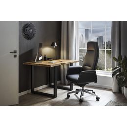Schreibtisch Salesfever "Villach Arbeitsplatz", schwarz (natur, schwarz, schwarz, natur), B:140cm H:75cm T:80cm, Eiche Massivholz, Metall, Tische, Schreibtisch, echte Baumkante, Home office Laptoptisch