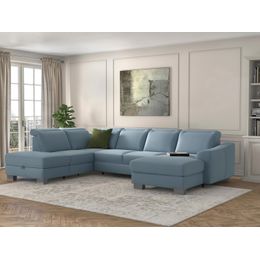 Sit & More Wohnlandschaft SIT & MORE "Dundee U-Form", blau (hellblau), B:338cm H:86cm T:219cm, Sofas, Wohnlandschaft, mit Federkern und Edelstahlf&uuml;&szlig;en, wahlweise mit Kopfteilverstellung