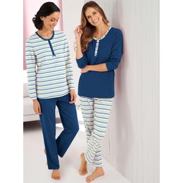 w&auml;schepur Schlafanzug W&Auml;SCHEPUR, Damen, Gr. 40/42, blau (jeansblau, jeansblau, geringelt), 100% Baumwolle, Homewear-Sets Schlafanzug