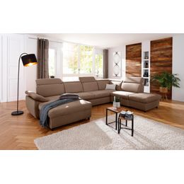 Wohnlandschaft Home Affaire "Mauritius U-Form", braun, B:354cm T:232cm, Struktur fein (100% Polyester);Luxus-Microfaser Lederoptik (100% Polyester);Soft clean (98% Polyester, 2% Polyamid), Sofas, Wohnlandschaft, mit Kopfteil- und Armlehnverstellung, wahlweise mit Bettfunktion
