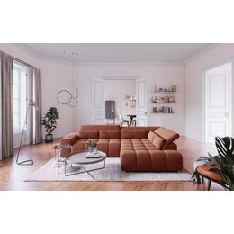 Ecksofa COTTA "Orion L-Form", cinnamon, B:310cm H:70cm T:225cm, 100% Polyester, Sofas, Ecksofa, mit Kopfteilverstellung & 5 Nierenkissen