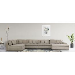 Wohnlandschaft Home Affaire "Skara U-Form", beige (dunkelbeige), B:390cm H:86cm T:190cm, 100% Polyester, Sofas, Wohnlandschaft, Lounge-Sofa mit Federkernpolsterung, in vielen Bezugsvarianten