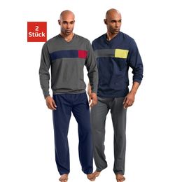 Pyjama Le Jogger, Herren, Gr. 44/46, blau (marine, grau), Single Jersey, Obermaterial: 100% Baumwolle, unifarben, Basic, bequem lang, V-Ausschnitt, abgesteppte Kante, Homewear-Sets Pyjama, mit Colourblock-Eins&auml;tzen