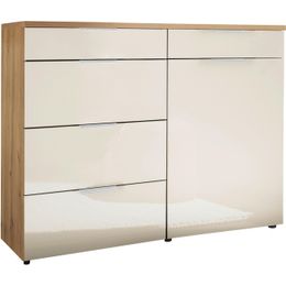 Kombikommode Wiemann "Como", bianco, eiche, dekor, glas champagner, chrom, B:140cm H:91,2cm T:43cm, Floatglas, Holzwerkstoff, Metall, Sideboards, Kombikommode, vormontiert