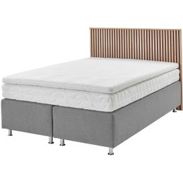 Boxspringbett "Quercus", grau, L:206cm, Kopfteil MDF/Dekor Eiche hell, Boxenbezug: Feinstruktur 100% Polyester, Box: Holzwerkstoff mit Bonnellfederung, F&uuml;&szlig;e: verchromtes Metall, Topper: Kaltschaum, Westfalia Schlafkomfort, Komplettbetten, Boxspringbett, wahlweise mit LED-Beluchtung, 3 Matratzenarten zur Auswahl