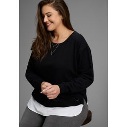 Sweatshirt LAURA SCOTT CURVE, Damen, Gr. 52/54, schwarz (schwarz und wei&szlig;), Sweatware, Obermaterial: 80% Baumwolle, 20% Polyester. Bluseneinsatz: 100% Baumwolle, unifarben, Basic, bequem Po-bedeckend, Rundhals, B&uuml;ndchen, Sweatshirts Sweatshirt, mit gepflegtem Bluseneinsatz - GROSSE GR&Ouml;SSE