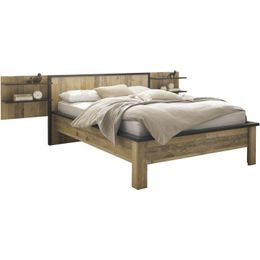 Bettanlage Home Affaire "SHERWOOD", braun (old style hell dekor), B:280cm H:93cm T:213cm, Schlafzimmerm&ouml;bel-Sets, Bettanlage, Liegefl&auml;che Bett 140x200cm, Wandpaneel mit jeweils 2 Ablagefl&auml;chen