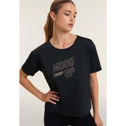 Rundhalsshirt Freddy "Sportshirt", Damen, Gr. L (40), schwarz, Jersey, Obermaterial: 88% Polyester, 12% Elasthan, bedruckt, regular fit extrakurz, Rundhals, Shirts Rundhalsshirt, mit Aufdruck
