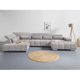 Wohnlandschaft COTTA "Orion U-Form", grau (stone), B:409cm H:73cm T:225cm, 100% Polyester, Sofas, Wohnlandschaft, mit Kopfteilverstellung & 6 Nierenkissen