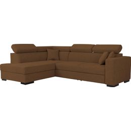 Ecksofa Home Affaire "Tulio L-Form", braun, B:267cm H:95cm T:198cm, Struktur fein (100% Polyester);Struktur (100% Polyester);Samtstruktur (100% Polyester), Sofas, Ecksofa, wahlweise mit Bettfunktion und Bettkasten, incl. 3 Zierkissen
