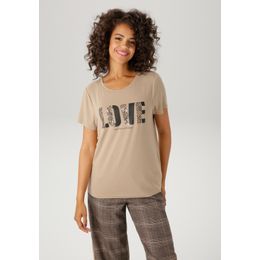 T-Shirt Aniston CASUAL, Damen, Gr. 36, beige, schwarz, hellbraun, goldfarben, Single Jersey, Obermaterial: 95% Viskose, 5% Elasthan, Glitzermuster, bedruckt, figurumspielend h&uuml;ftlang, Rundhals, Shirts T-Shirt, mit Folienprint verzierter "LOVE"-Schriftzug