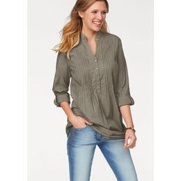 Longbluse Aniston CASUAL, Damen, Gr. 46, gr&uuml;n (helloliv), Web, Obermaterial: 100% Baumwolle, unifarben, figurumspielend ca. Mitte Oberschenkel, Rundhals, 1-Knopf-Manschette krempelbar, Blusen Longbluse, mit dekorativer Biesenverarbeitung