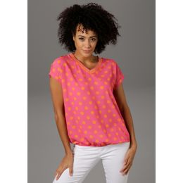 T-Shirt Aniston CASUAL, Damen, Gr. 46, pink (pink, orange), Cr&ecirc;pe, Obermaterial: 97% Polyester, 3% Elasthan. R&uuml;ckenteil: 95% Viskose, 5% Elasthan, gepunktet, gestreift, figurumspielend h&uuml;ftbedeckend, V-Ausschnitt, mit Aufschlag Umschlagbund, Shirts T-Shirt, im Material- und Mustermix, Topseller