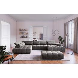 Wohnlandschaft COTTA "Orion U-Form", anthrazit, B:409cm H:73cm T:225cm, 100% Polyester, Sofas, Wohnlandschaft, mit Kopfteilverstellung & 6 Nierenkissen