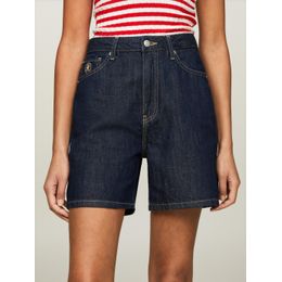 Shorts Tommy Hilfiger "SMD DNM STRAIGHT SHORT HW LINA", Damen, Gr. 26, N-Gr, blau (lina), Denim/Jeans, Obermaterial: 80% Baumwolle, 20% Leinen, unifarben, straight fit kurz, Hosen Shorts, mit Kontrastn&auml;hten