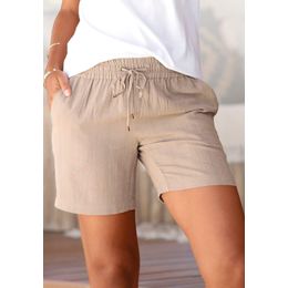 Shorts Lascana, Damen, Gr. 44, N-Gr, beige (sand), Web, Obermaterial: 58% Viskose, 28% Baumwolle, 14% Leinen, figurumspielend ca. Mitte Oberschenkel, Hosen Shorts, aus Leinenmix mit Taschen, Leinenhose, kurze Hose, Topseller