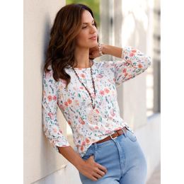 Print-Shirt Inspirationen "Print-Shirt", Damen, Gr. 50, rosa (ecru, flamingo, bedruckt), 95% Viskose, 5% Elasthan, bedruckt, gebl&uuml;mt, gemustert, mehrfarbig, Rundhals, Shirts Print-Shirt