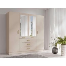 Kleiderschrank Home Affaire "KOS Garderobe mit 3 Schubladen, Kleiderstange, 8 Einlegeb&ouml;den, Spiegel", beige, B:200cm H:200,5cm T:58cm, Melamin, Schr&auml;nke, Kleiderschrank, Kleiderschrank mit 4 T&uuml;ren, goldenen Griffen, Ma&szlig;e B/H/T 200/200/58 cm