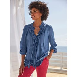 R&uuml;schenbluse Heine, Damen, Gr. 36, blau (jeansblau), 70% Viskose, 30% Seide, unifarben, V-Ausschnitt, Blusen R&uuml;schenbluse