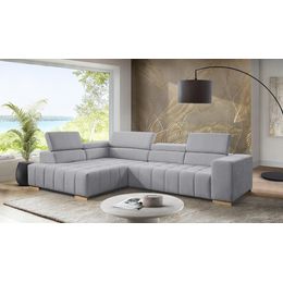 Ecksofa exxpo - SOFA FASHION "Elianos, hoher Sitzkomfort, aufwendige Kreuzsteppung im Sitz, L-Form", grau, B:307cm H:73cm T:201cm, Sofas, Ecksofa, Kopfteile & Sitztiefe verstellbar, mit Bettfunktion