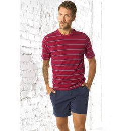 H.I.S. Pyjama H.I.S, Herren, Gr. 48/50 (M), rot (rot, navy), Single Jersey, Obermaterial: 60% Baumwolle, 40% Polyester, gestreift, Basic, bequem kurz, Rundhals, abgesteppte Kante, Homewear-Sets Pyjama, Schlafanzug mit garngef&auml;rbten Streifen