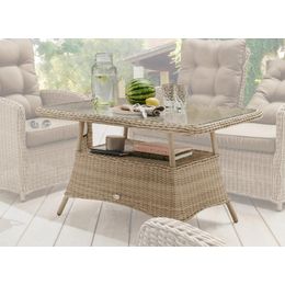 Gartentisch Destiny "MERANO", braun (pearl shell, klarglas), B:120cm H:66cm T:77cm, Polyrattan Geflecht, Tische, Gartentisch, (120x66x77cm), Aluminium, Polyrattan