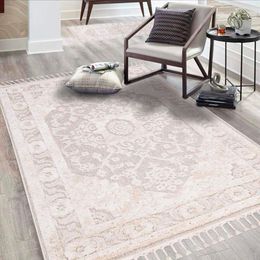 Hochflor-Teppich Carpet City "Valencia 732", beige (creme), B:140cm H:20mm L:200cm, Polypropylen, Teppiche, Hochflor-Teppich, L&auml;ufer, Boho-Stil, 3D-Effekt, Relief, Hoch-Tief-Struktur, mit Fransen