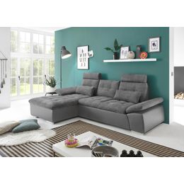 Ecksofa ED EXCITING DESIGN "Jakarta L-Form", grau, B:268cm H:103cm T:170cm, Lederl.: 40% Polyurethan, 40% Polyvenylchlorid; 20% Polyester;Sumatra: 100% Polyester, Sofas, Ecksofa, mit Bettfunktion, Armteilverstellung, Kopfst&uuml;tzen & 2 Nierenkissen