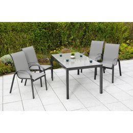 Garten-Essgruppe Merxx "Amalfi", grau (anthrazit, anthrazit, grafit), Polyester, Aluminium, Polyester, Sicherheitsglas, Sitzm&ouml;bel-Sets, Garten-Essgruppe, 4 Stapelsessel, Tisch