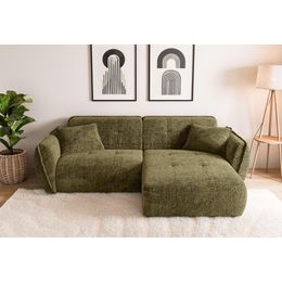 Ecksofa Home Affaire "MIRELDA L-Form mit Steppungen, Recamiere rechts/links, Breite 253 cm", gr&uuml;n, B:253cm H:81cm T:157cm, 100% Polyester, Sofas, Ecksofa, elegant und bequem, enth&auml;lt 2 Zierkissen, belastbar bis 480kg