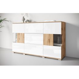Sideboard OTTO HOME "Kenia", wei&szlig; (eichefarbe votan, wei&szlig; hochglanz), B:150cm H:89cm T:39,5cm, FSC-zertifizierter Holzwerkstoff, Glas, Hartfaserplatte, Kunststoff, Sideboards, Sideboard, Sideboard mit 3 Schubladen, 6 F&auml;chern, Glast&uuml;ren, Breite 150 cm