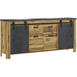 Sideboard Home Affaire "York, moderner Schrank, Kommode in Hunton Oak Dekor, Industrialdesign", hunton oak dekor, B:201cm H:91cm T:44cm, FSC-zertifizierter Holzwerkstoff, Sideboards, Sideboard, mit Scheunentorbeschl&auml;gen & Apothekergriffen aus Metall, 201 cm breit
