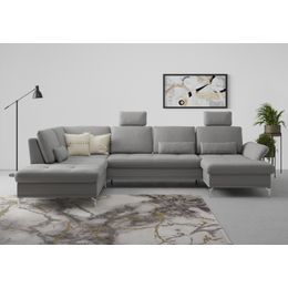 Wohnlandschaft Home Affaire "Palm Beach U-Form", grau, B:347cm H:89cm T:224cm, 100%Polyester, Sofas, Wohnlandschaft, Federkern, mit Sitztiefenverstellung, wahlweise mit Bettfunktion